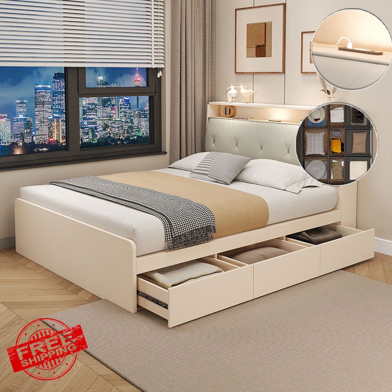 Free Installation 】 Solid wood storage bed with headboard/single bed ...