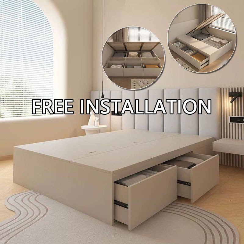 Free Installation 】 HDB solid wood frame tatami single bed/queen bed/queen bed BTO customizable ...