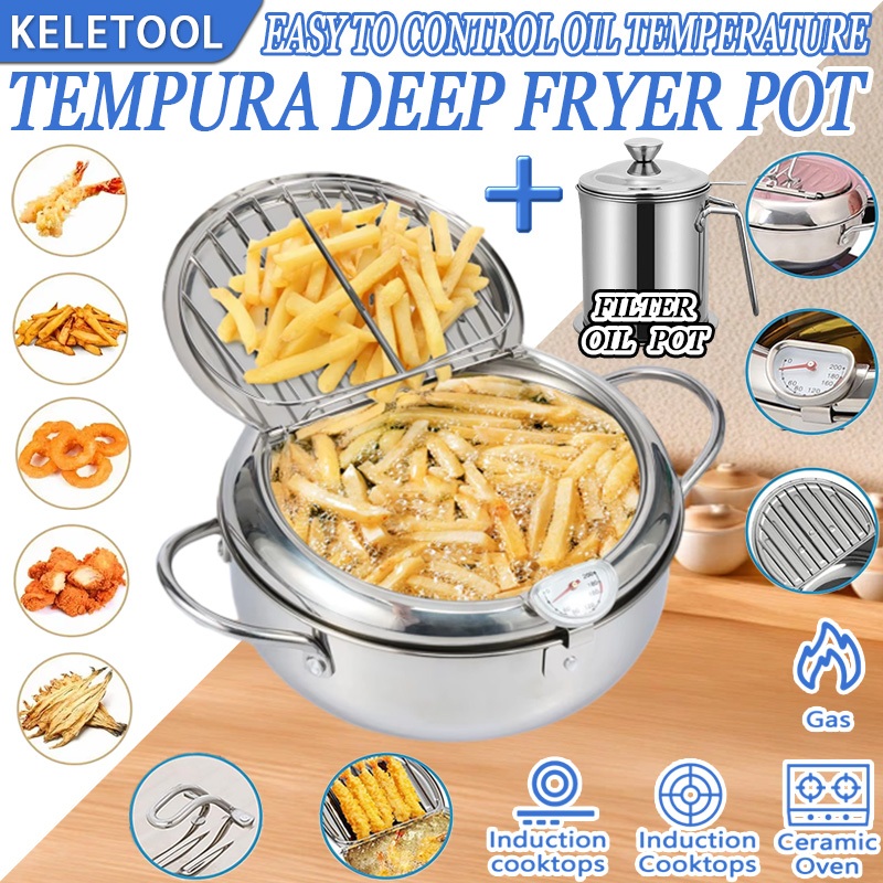 Japanese Deep Fryer Pan with Drain Temperature Control 304 Stainless ...