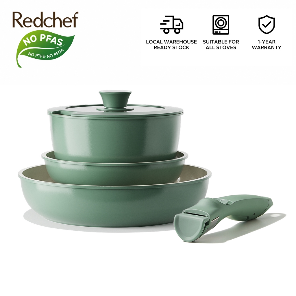 Redchef Nonstick Green Ceramic Rock Cookware Set Handle Removable 5Pcs ...