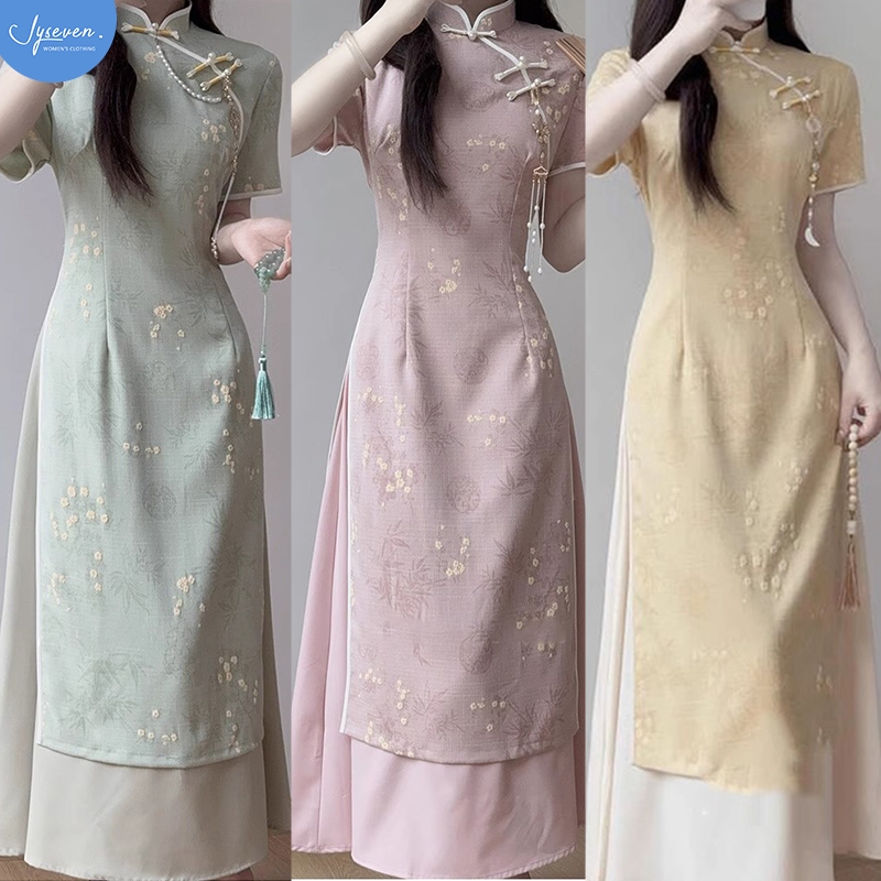 JYSeven.Chinese style short sleeve fake two piece cheongsam summer slim ...