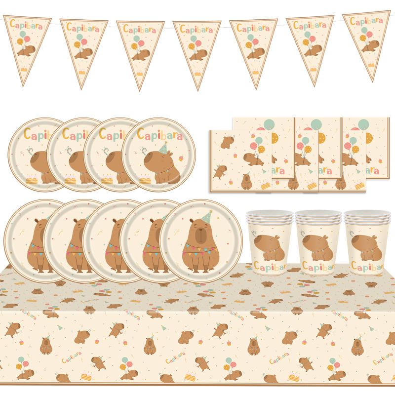 Capybara Cartoon Theme Disposable Tableware Set Paper Cup Paper Plate ...