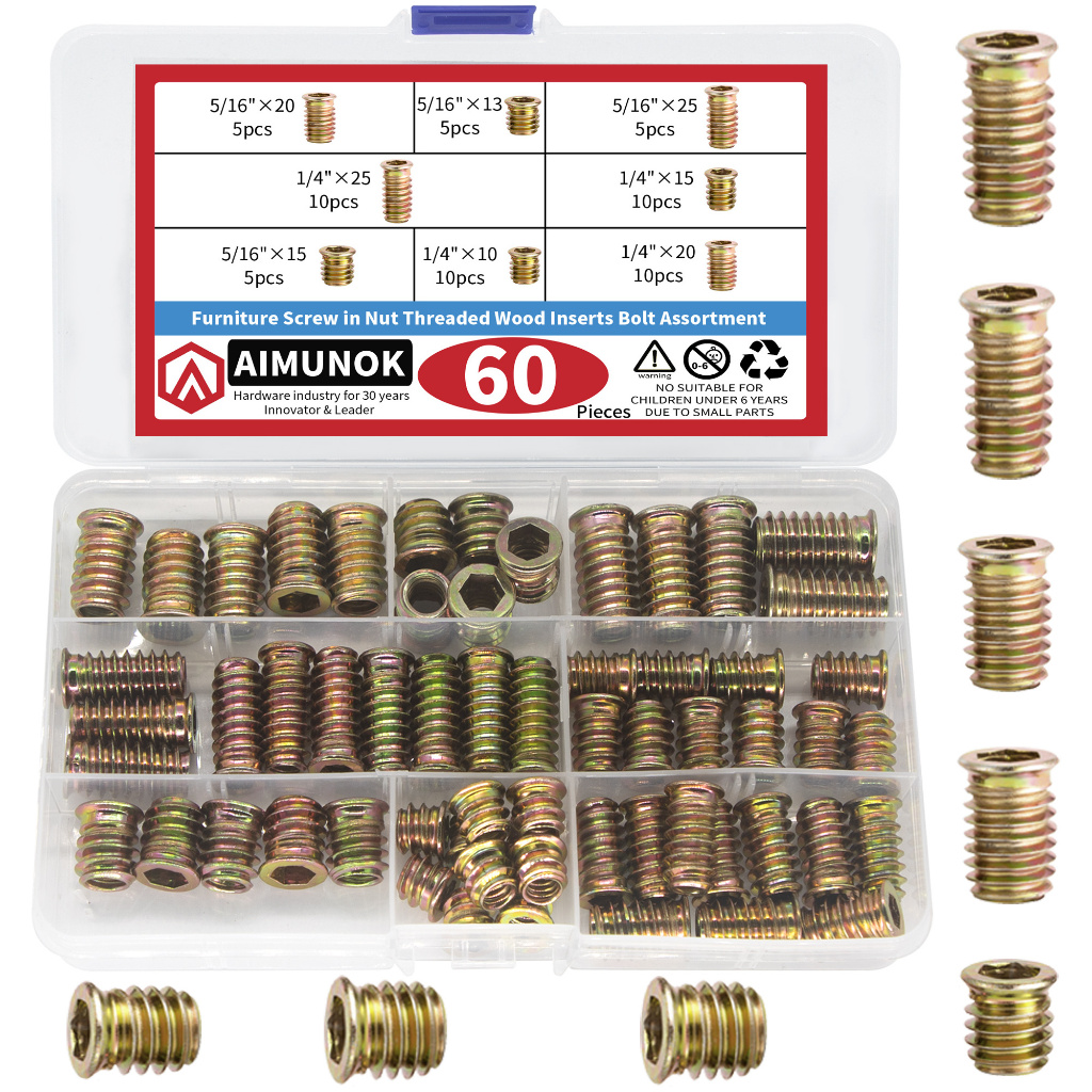 60Pcs Furniture Screw in Nut Threaded Wood Inserts Threaded Inserts ...
