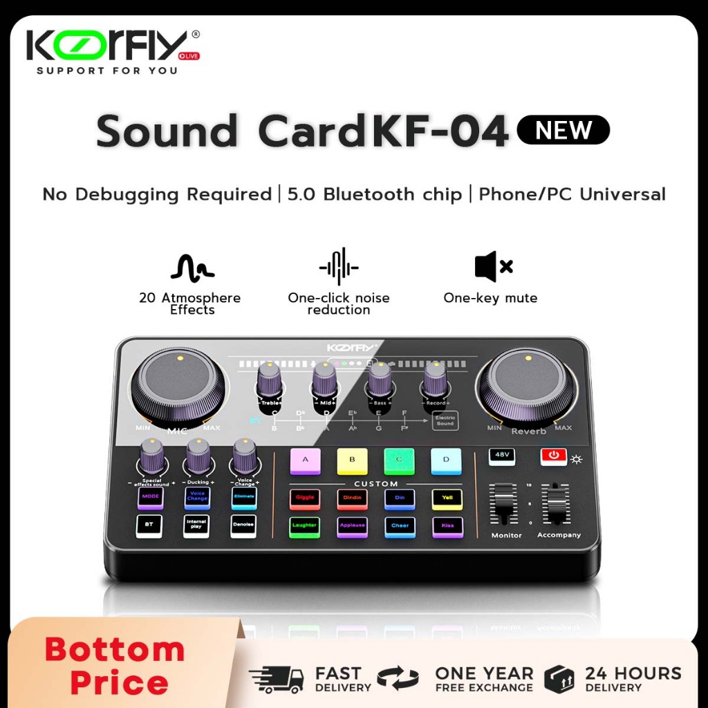 KoorFly KF04 Sound Card 48V Full Set Mixer Noise Cancellation Customizable Sound Effects Audio ...