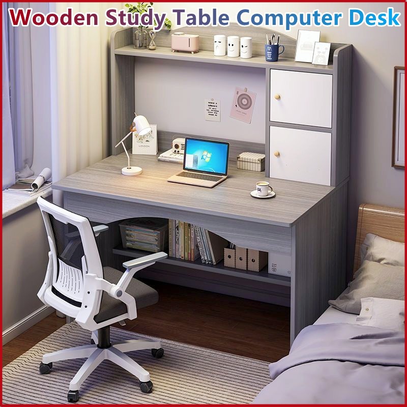 Wooden Study Table Computer Desk Laptop Table With Bookshelf Drawer ...