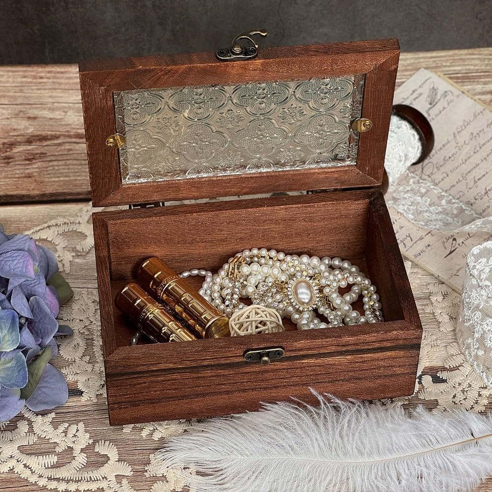 Wooden Storage Box with Glass Lid Keepsake Box Small Decorative Storage ...