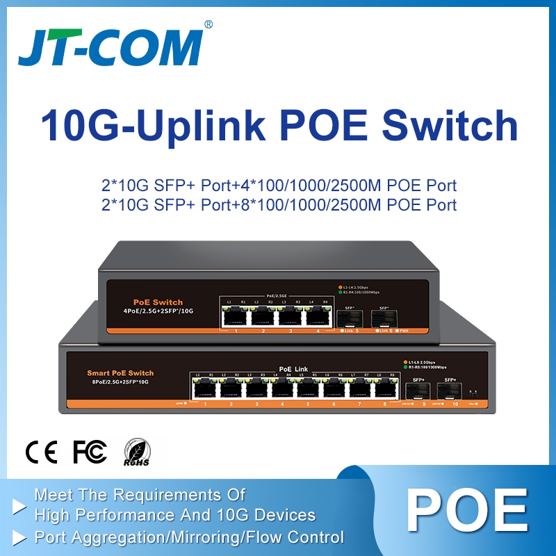 JT-COM 10-Port 10G Uplink 2.5G PoE Ethernet Switch, 2×10G SFP+ Ports, 8 ...