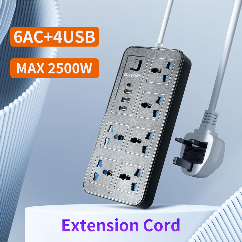 2 M Extension Lead,Universal Electric Extension Cord with 3 Pin Outlets ...