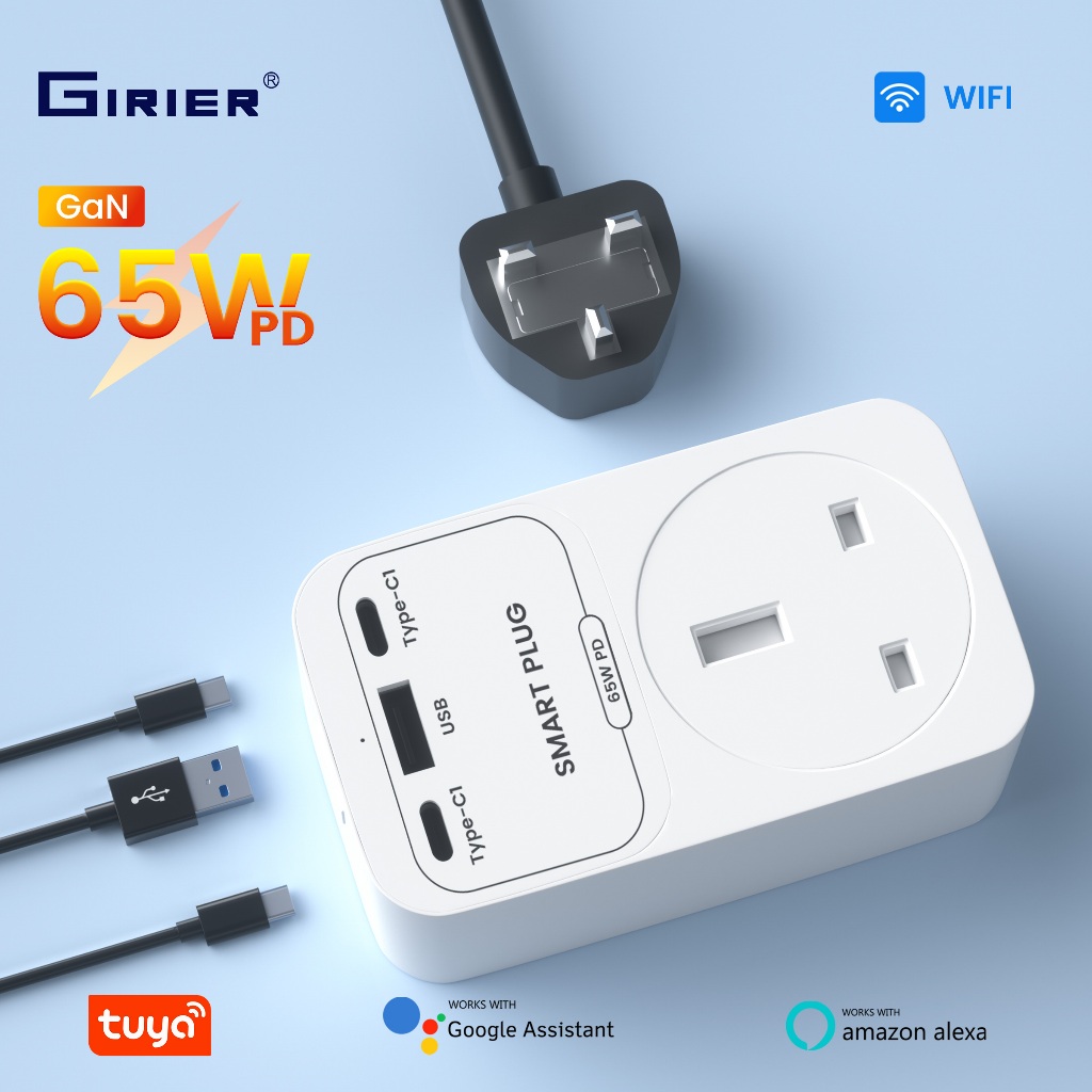 GIRIER Tuya Smart WiFi Power Plug with GaN Fast Charger 65W PD Fast ...