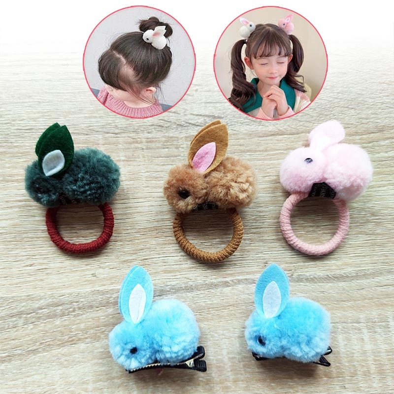 5 Pcs/set Cute Rabbit Hair Rings & Clips for Girls Rubber Band Elastic ...