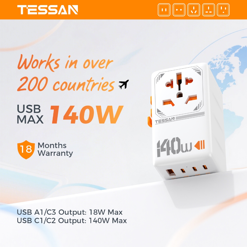 TESSAN 140W GaN Travel Adapter with 3 Type C + 1 USB, Fast Charging ...