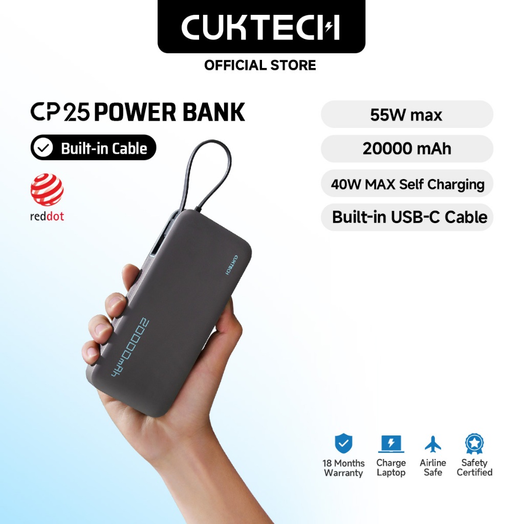 CUKTECH 20000 mAh 55W Fast charging Power Bank with type C cable, compact multi devices with ...
