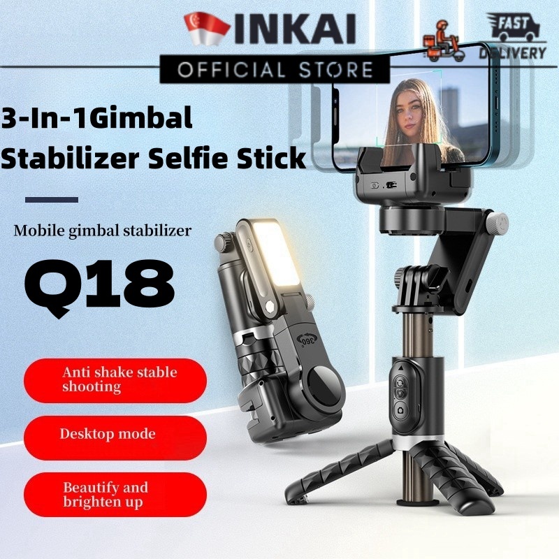 SG Local - Q18 3-In-1Gimbal Stabilizer Selfie Stick Stretchable Bluetooth Remote Tripod for Live ...