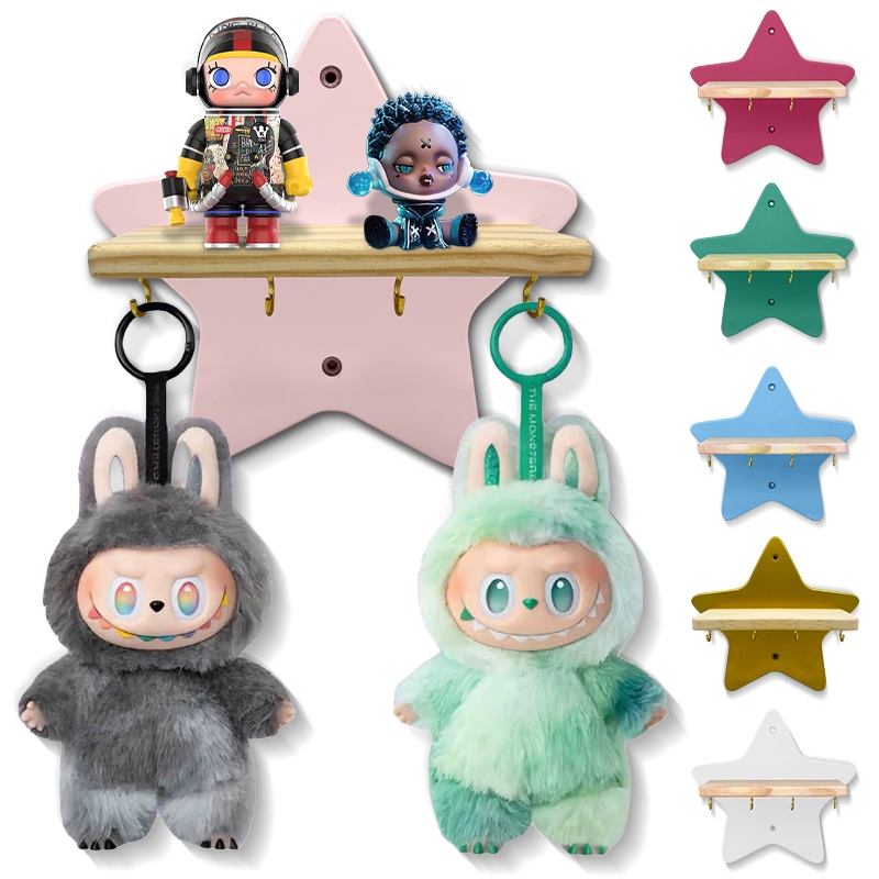 For labubu Shelf Wall,Pink Star-Shaped Metal Hook Wooden Display Shelf ...