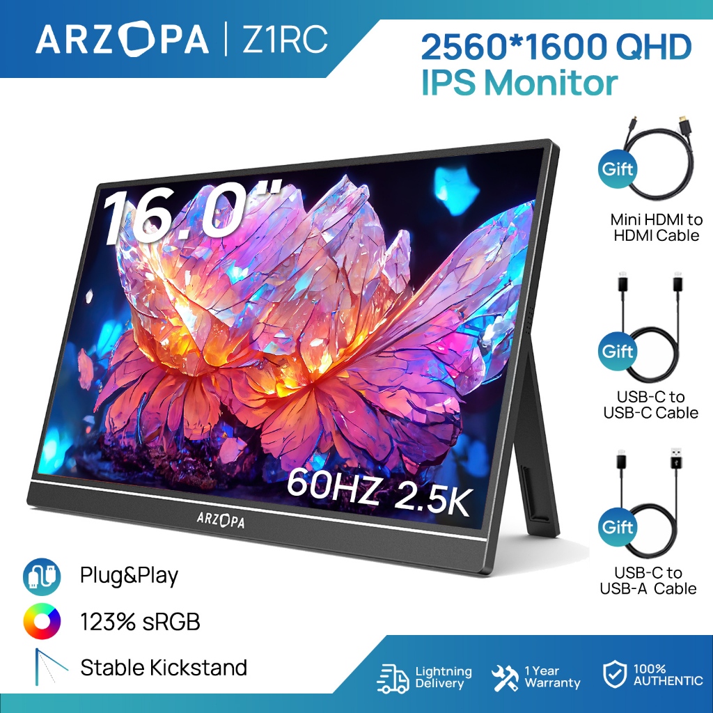 ARZOPA Z1RC, 16" 2.5K Portable Monitor, 2560x1600 HDR Kickstand ...