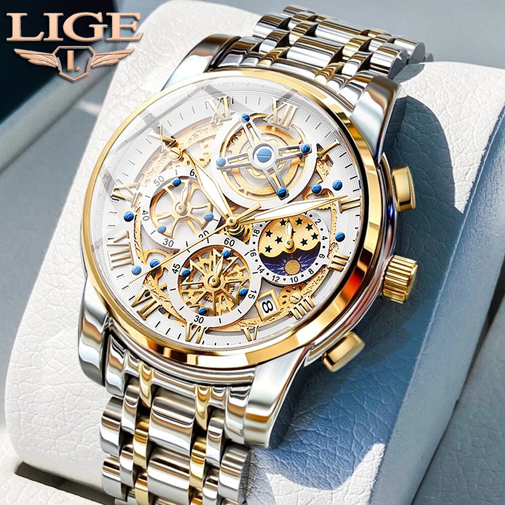 LIGE Steel Watch Men Business Chronograph Date Watches Waterproof ...