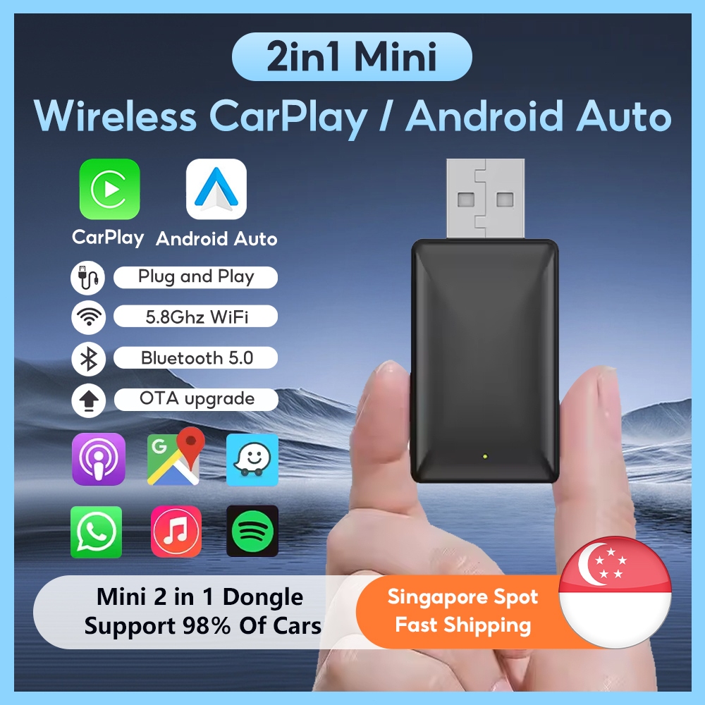 [ SG ] 2in1 Mini Wired to Wireless Carplay Adapter Plug and Play ...