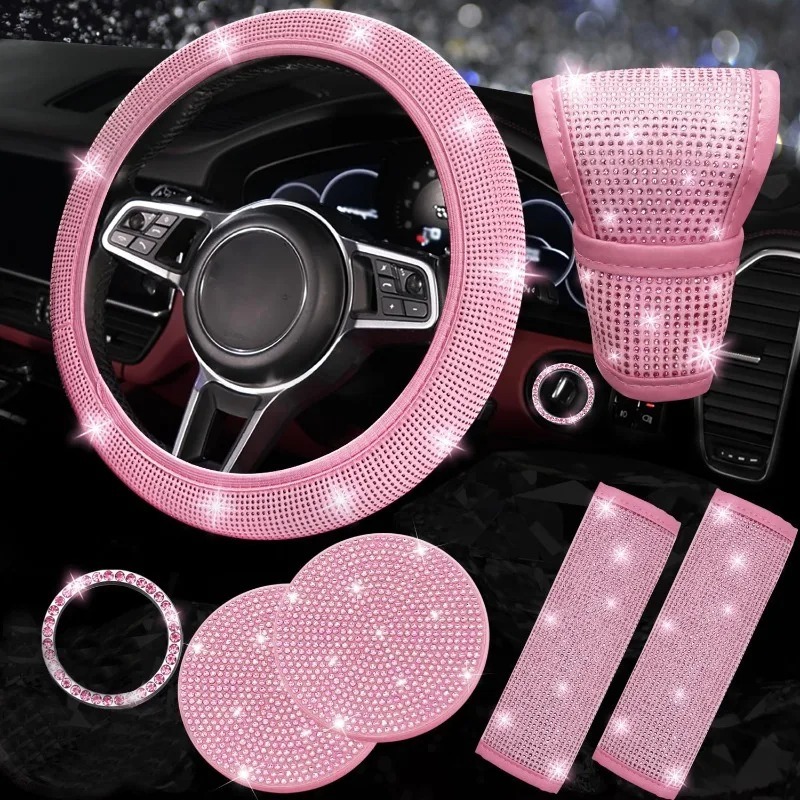 Car Accessories Set Women Bling Universal Fit Polyester Steering Cover ...