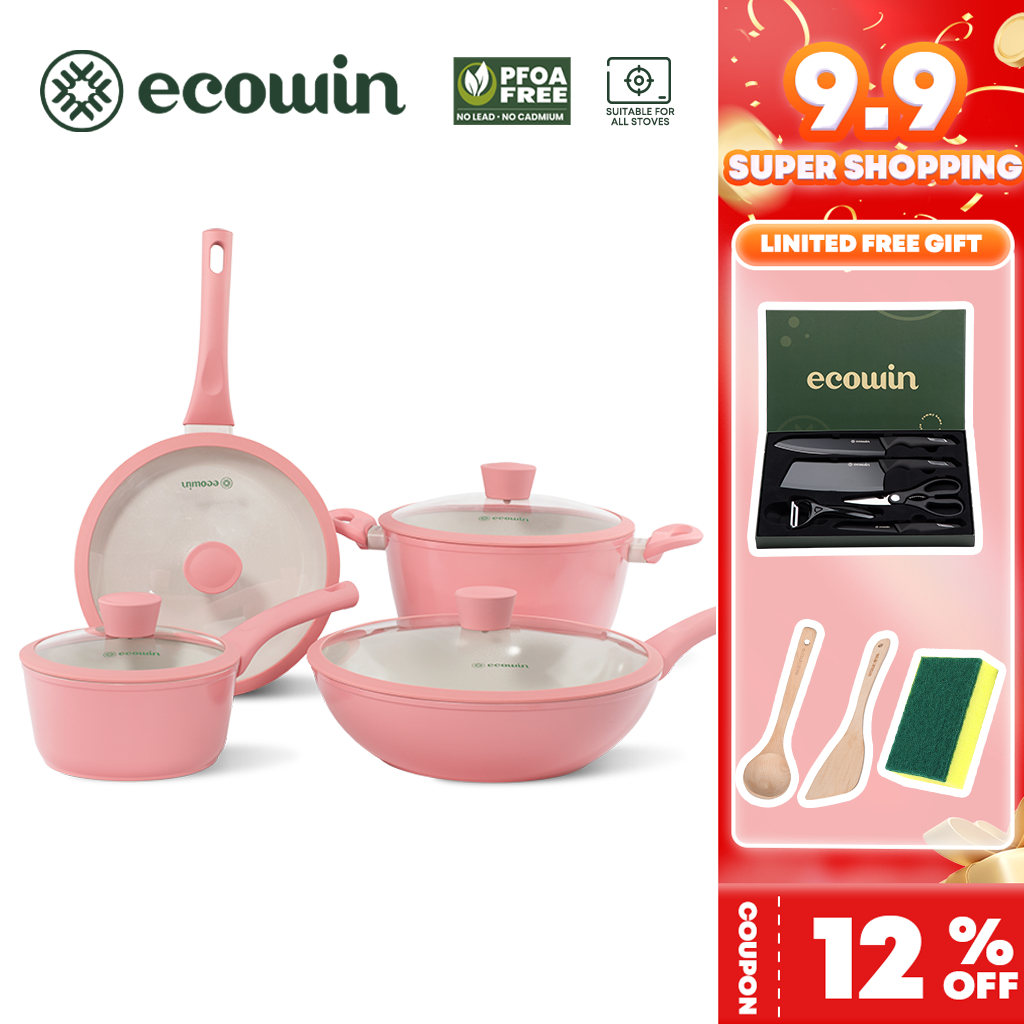 Ecowin 12pcs Pink Cearmic Cookware Set Non Stick Frying Pan Set Ceramic ...