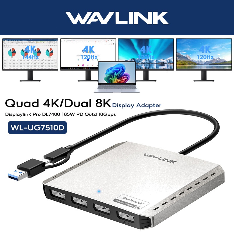 WAVLINK Displaylink Quad 4K/Dual DP 8K Displayport Adapter With 85W ...