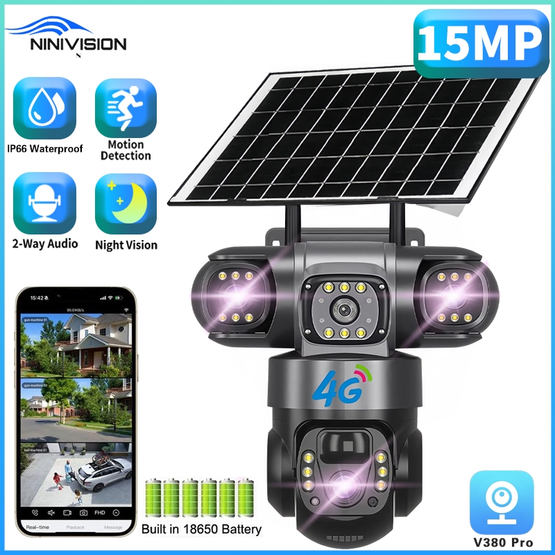 Solar 4G Camera With Sim Card 12MP 6K Three Lens Three Screen Monitor ...