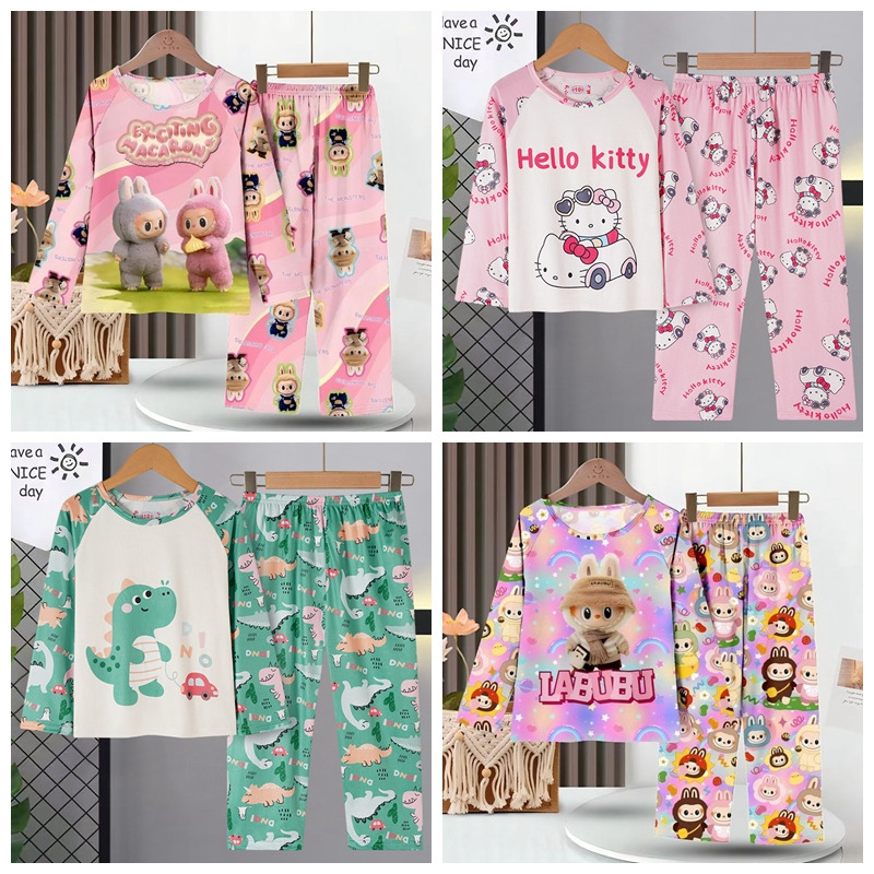 Kid Girl's Pajamas Labubu Cartoon Printing Long Sleeve Pyjamas Round ...