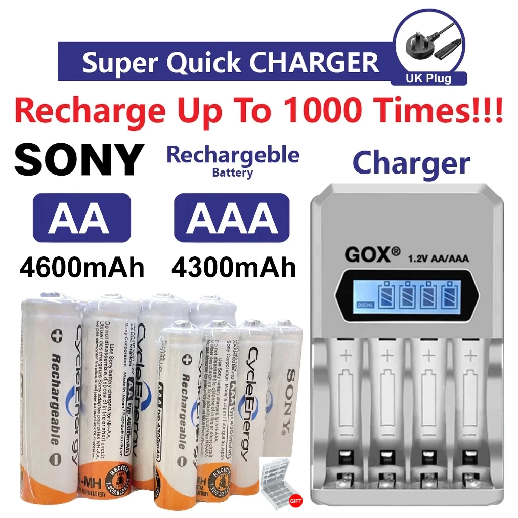 Sony 1.2V NI-MH Rechargeable Battery AA AAA 4300mAh 4600mAh + 4 Slots ...