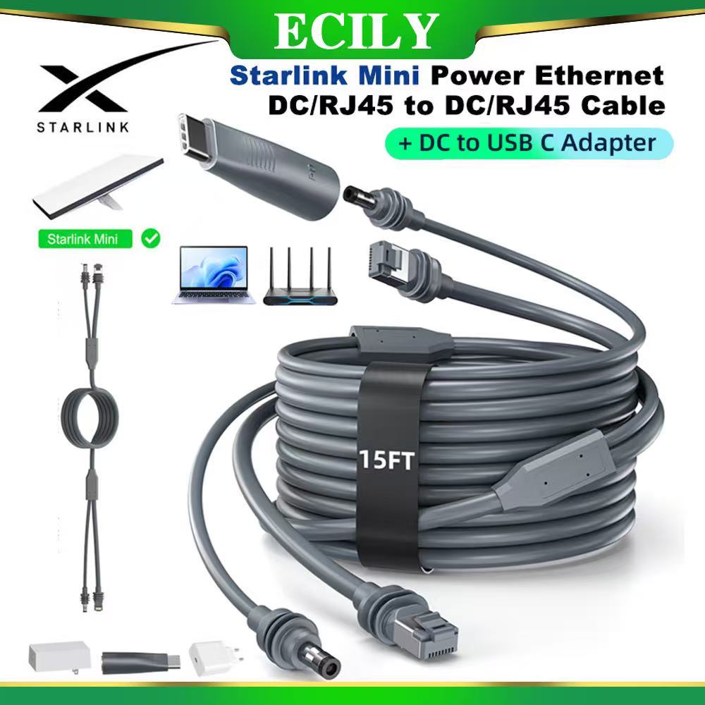 ECILY 5M Starlink Mini DC/RJ45 to DC/RJ45 Power Ethernet Cable With DC To USB-C Converter ...
