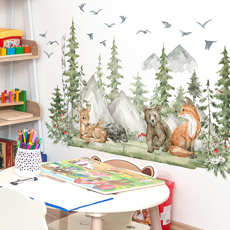 Large Wondever Mountain Tree Animals Wall Stickers Pine Tree Forest