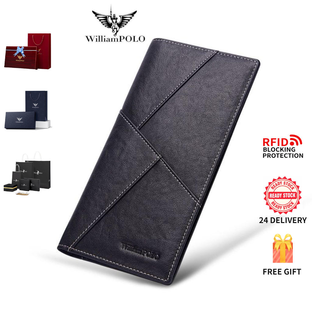 William POLO Men's Wallet Genuine Leather Long RFID Blocking Ultra Thin ...