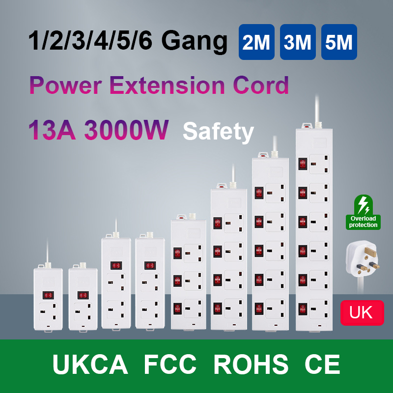 2/3/5M UK Plug Power Extension Cord with Switch 13Amp Multi Plug Power ...