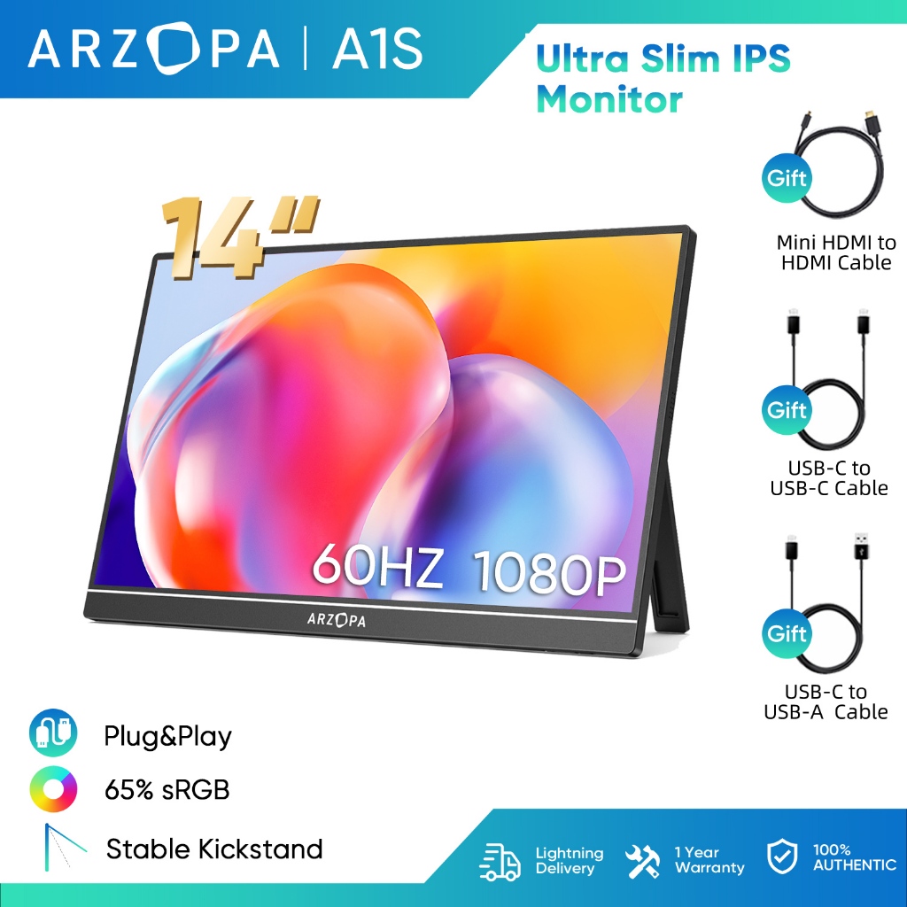 ARZOPA 14" A1S Portable Laptop Monitor FHD 1080P External Display with ...