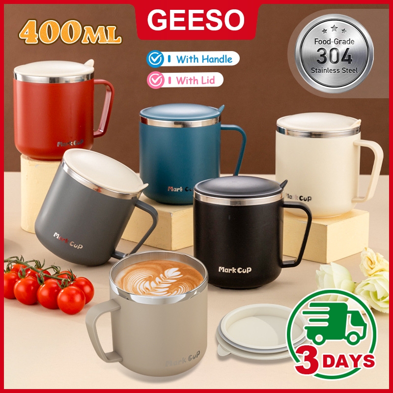 GEESO 400ML Thermal Cup with Cover Handgrip Coffee Tea Mug 304 ...