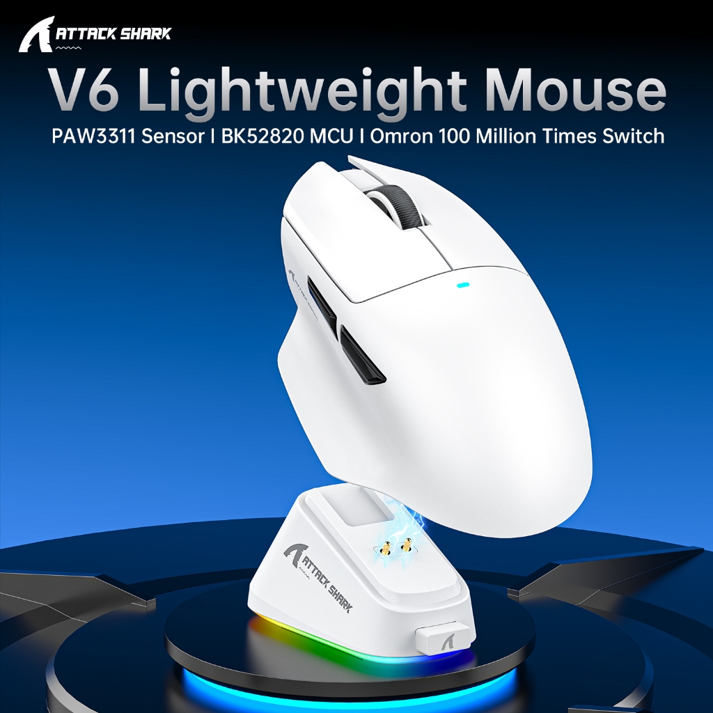 Attack Shark V6 Tri-Mode Gaming Mouse Wireless, 65g Ultra Light ...