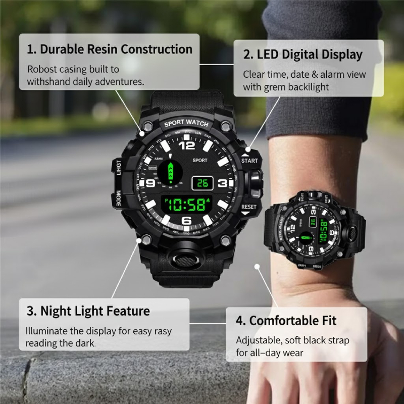 Men's Round Sports Watch Led Digital Display Date Countdown Night Light ...