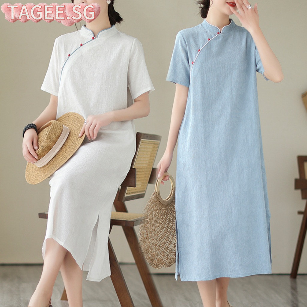 Literary & Retro-Stand Collar Improved Cheongsam Cotton Linen Jacquard ...