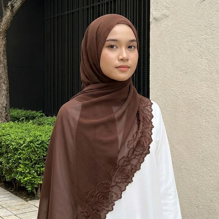 LAVEN Premium Chiffon Sulam Shawl Scarf Floral Embroidery Hijab Women ...