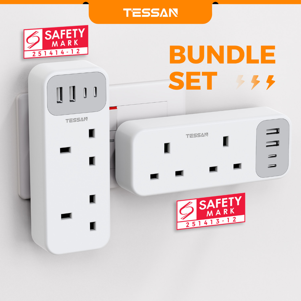TESSAN Multi Plug Extension Double Plug Adapter with USB C Extension ...