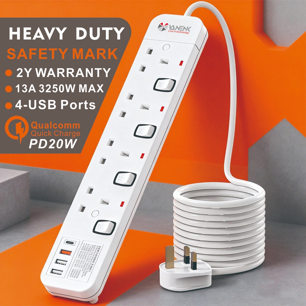 VANENIK Safety Mark Power Extension Socket with USB 3.4A Fast Charger ...