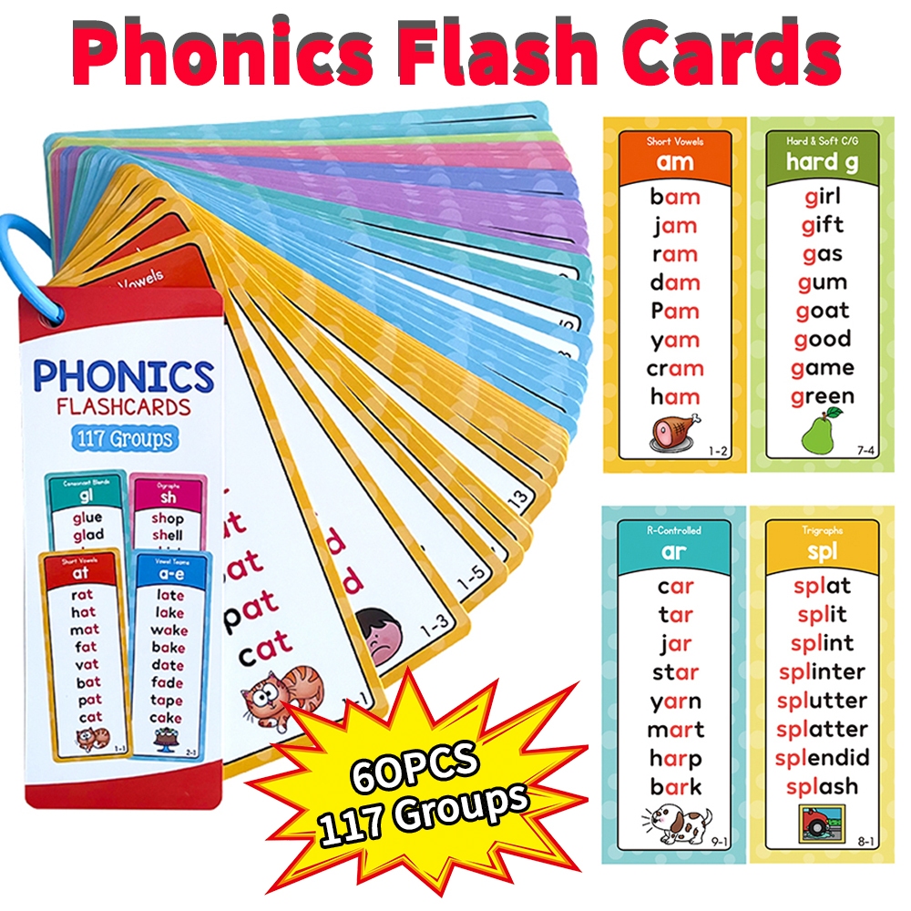 60 Pcs Phonics Flash Cards Set 117 Groups Kids Preschool English ...
