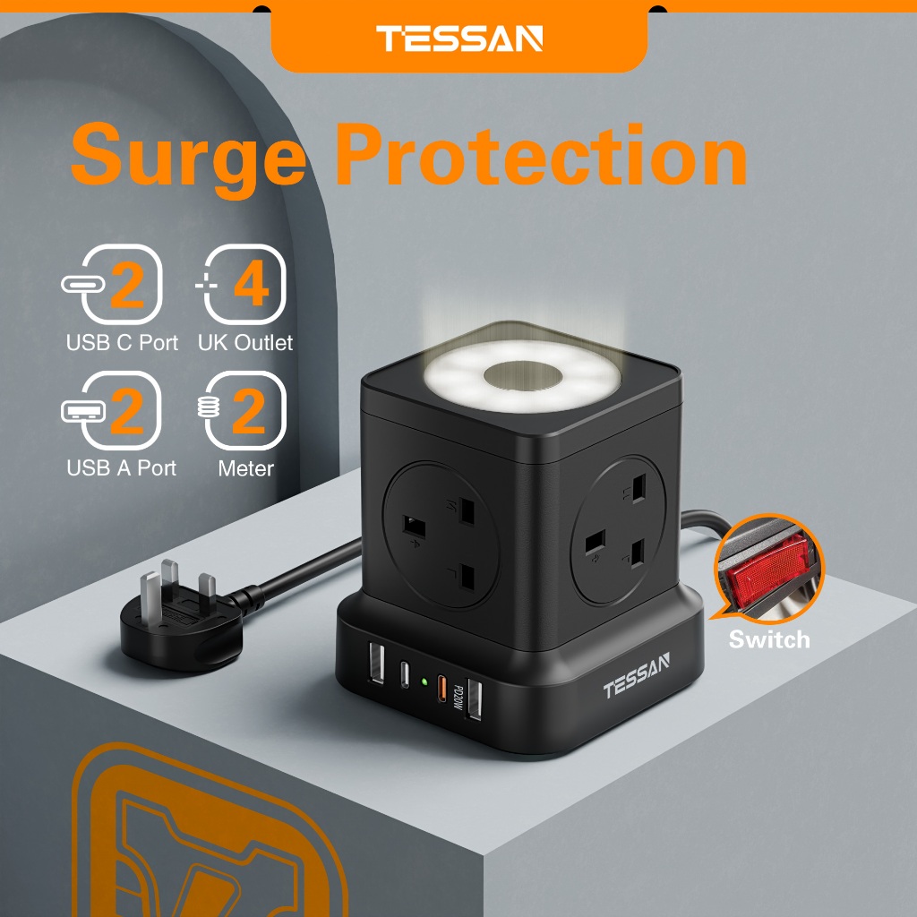 TESSAN Desk Clamp Extension Plug 1.8M Cord Socket Adapter with USB Type ...