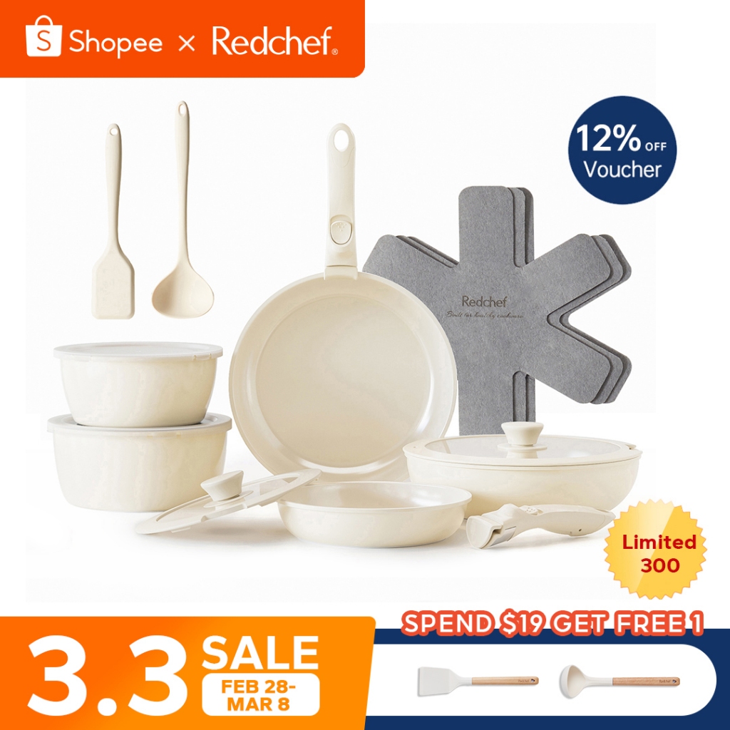 Redchef Nonstick Ceramic Rock Cookware Set Handle Removable 16Pcs No ...