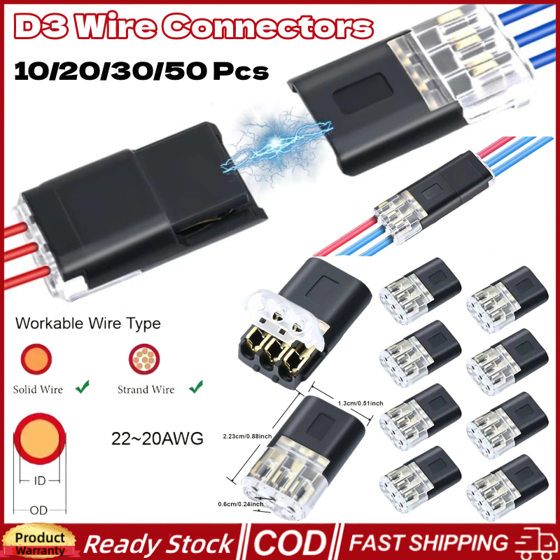 (Ship in 12H) 50PCS D3/D2/D1 3 Pin Wire Connectors, No-Stripping Quick ...