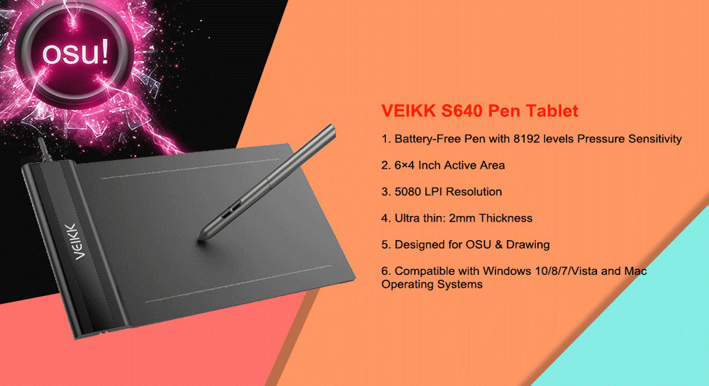VEIKK Drawing tablet S640 Digital Pen tablet 6x4 inch with 8192 Level ...