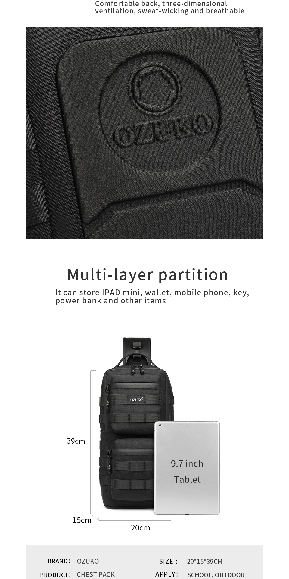 OZUKO Large Capacity Waterproof Men Shoulder Bag Outdoor Tactical Molle ...