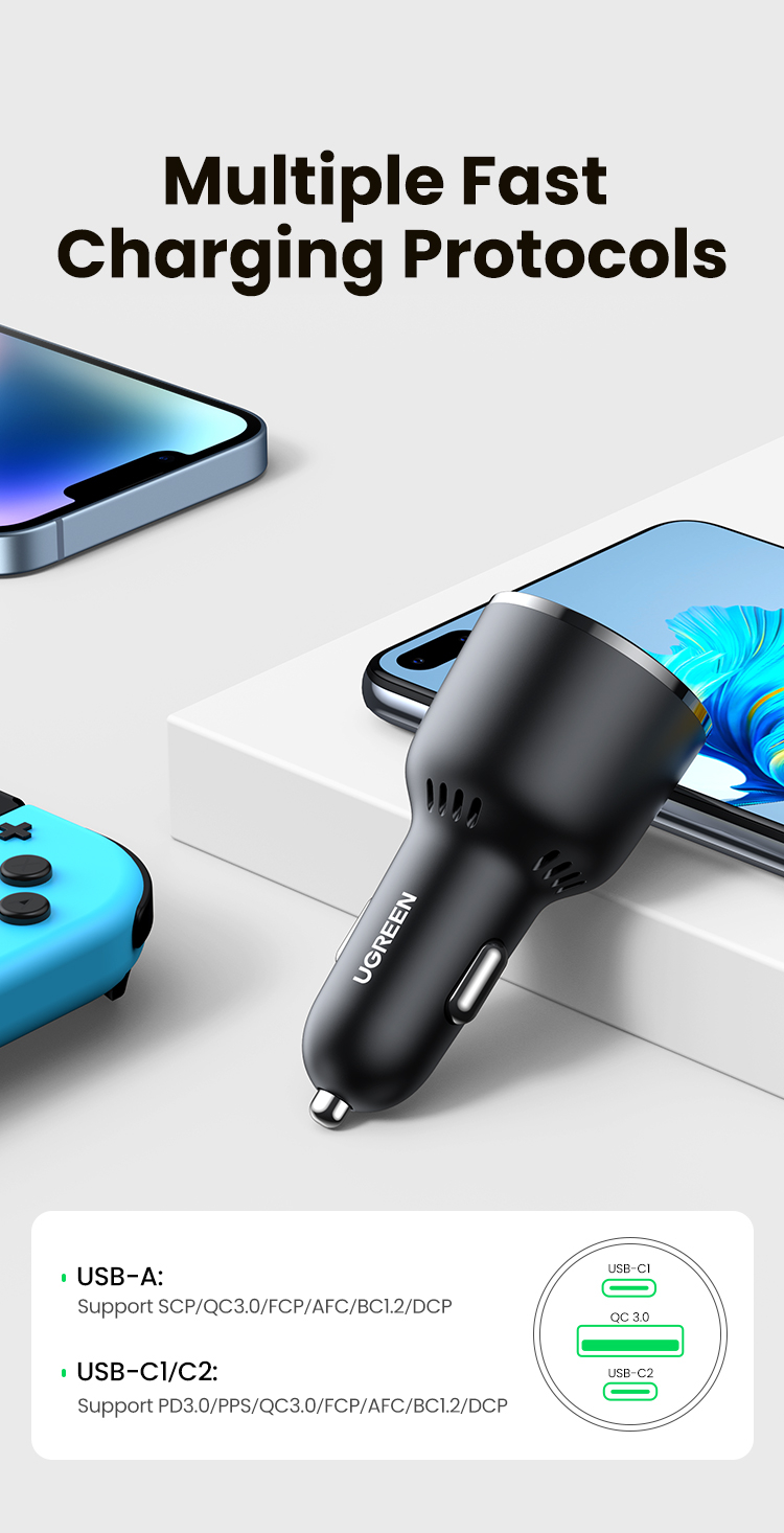 UGREEN 65W Car Charger USB Type C Dual Port PD QC Fast Charging For ...