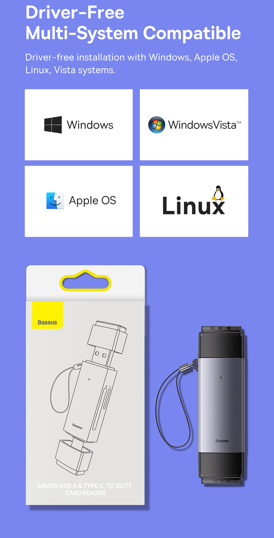 Baseus Card Reader Type-C USB3.0 to SD Micro SD TF Memory Card Device ...