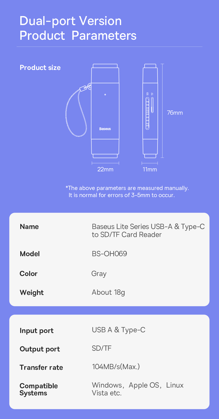 Baseus Card Reader Type-C USB3.0 to SD Micro SD TF Memory Card Device ...