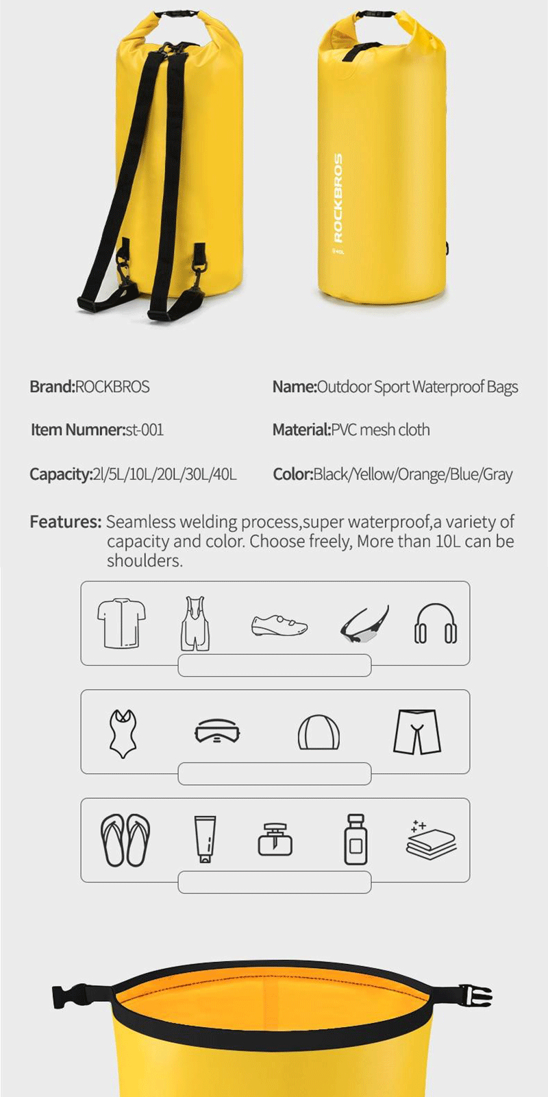 【3-day Delivery】ROCKBROS Outdoor Ocean Pack Waterproof Dry Bucket Bag (2L/5L/10L/20L/30L/40L ...