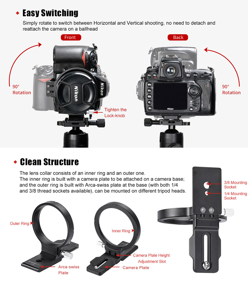 SUNWAYFOTO Tripod Mount Ring Collar Lens Adapter with Rotatable Quick ...